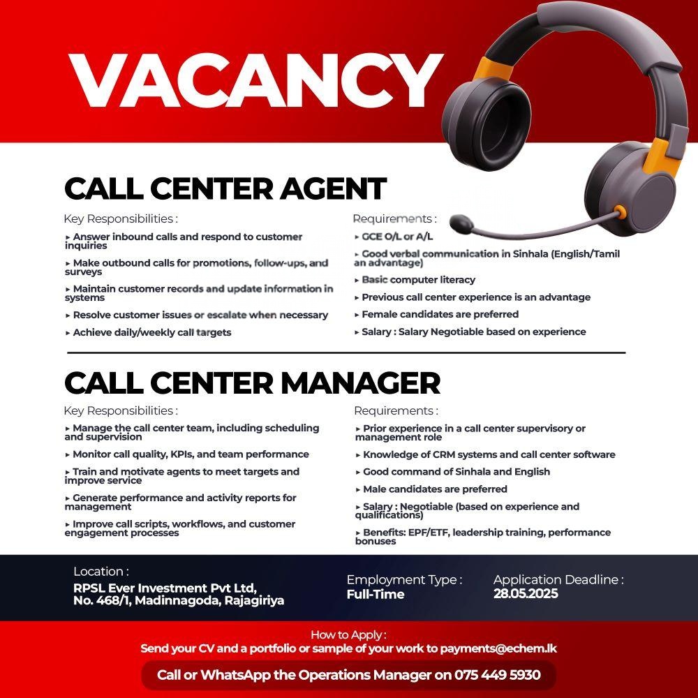 Call Center Manager/Call Center Agent | Rajagiriya