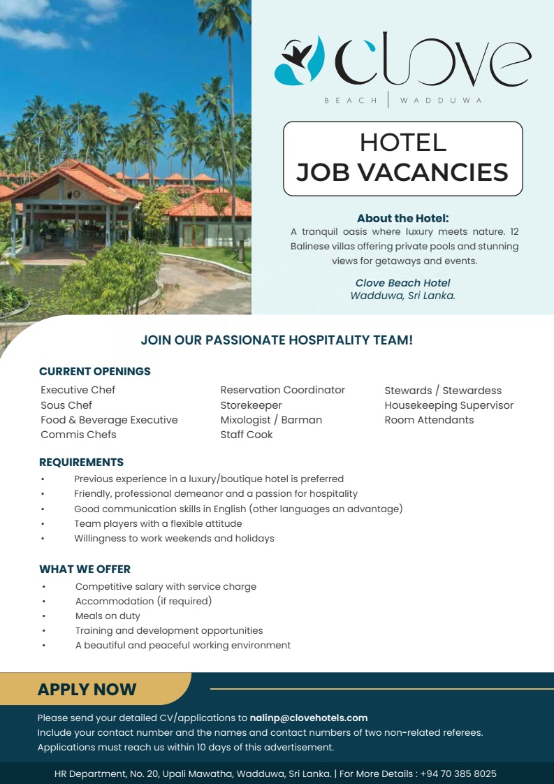 Reservation Coordinator/Storekeeper/Room Attendants | Wadduwa