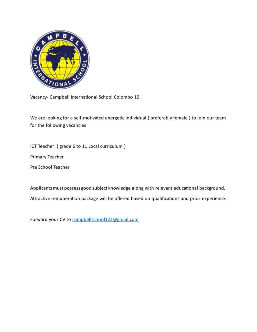 Primary Teacher | Colombo 10 – Maradana
