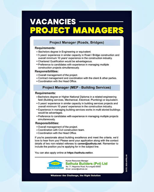 Project Manager (Roads, Bridges)/Project Manager (MEP - Building Services) | Kurunegala
